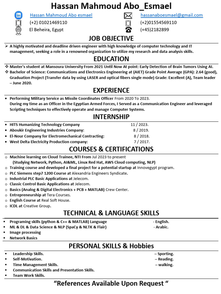 CV Hassan M.ahmed 11 - 2023 | PDF | Engineering | Artificial Intelligence