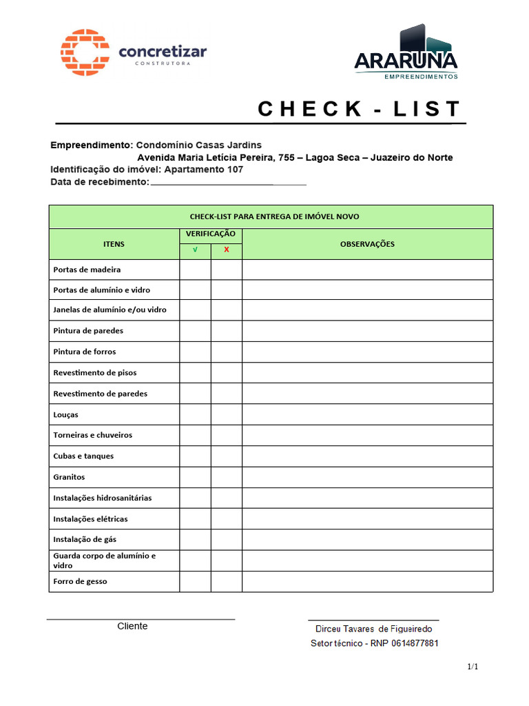Check List de Entrega de Imóvel | PDF