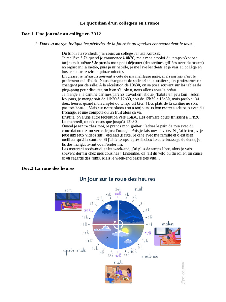 Une journée typique au collège | PDF | Nourriture et boisson | Nourritures