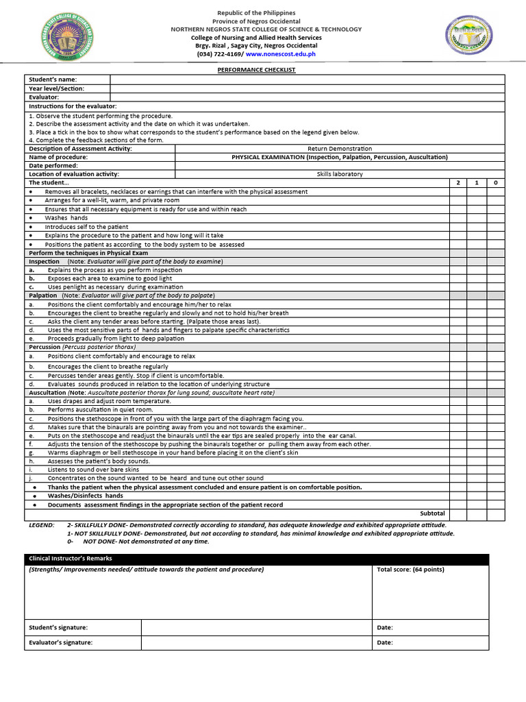 Physical Examination IPPA CHECKLIST | PDF | Physical Examination | Medicine
