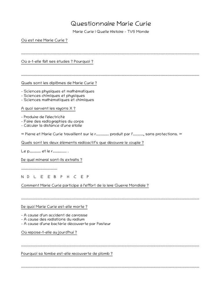 Histoire de Marie Curie en questions | PDF