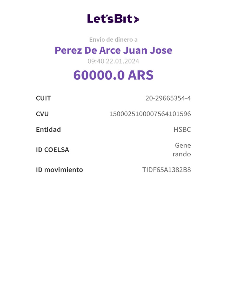 Comprobante LetsBit TIDF65A1382B8 Envio | PDF