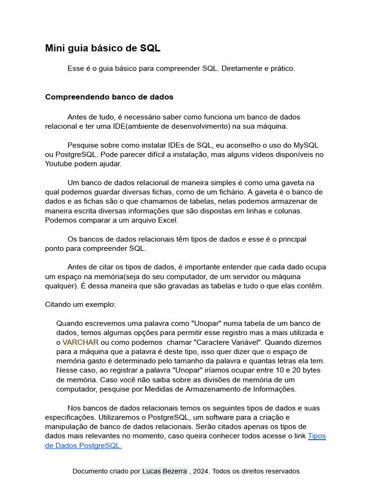 Mini Guia Básico de SQL - Lucas Bezerra | PDF | SQL | Bancos de dados