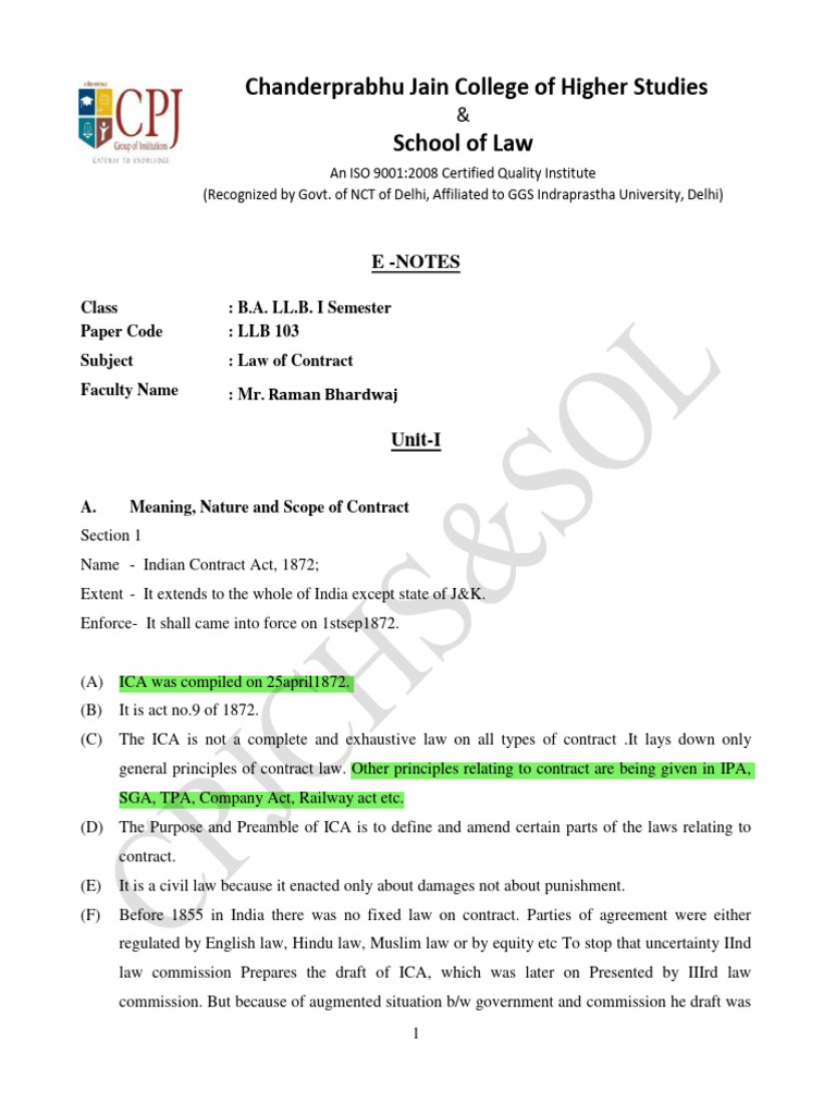 E-Notes Unit 1 - Law of Contract - LLB 103 - BALLB I Sem | PDF | Offer ...