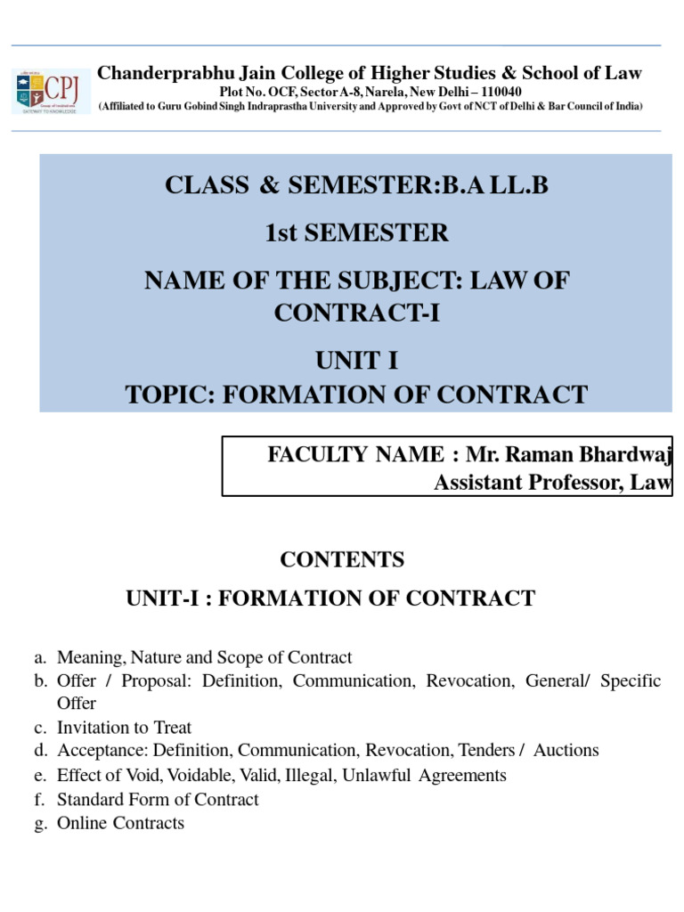 Unit 1 - Law of Contract | PDF | Consideration | Offer And Acceptance
