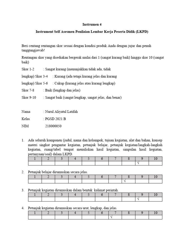 Instrumen 4 Instrument Self Asesmen Penilaian Lembar Kerja Peserta Didik - Elma | PDF