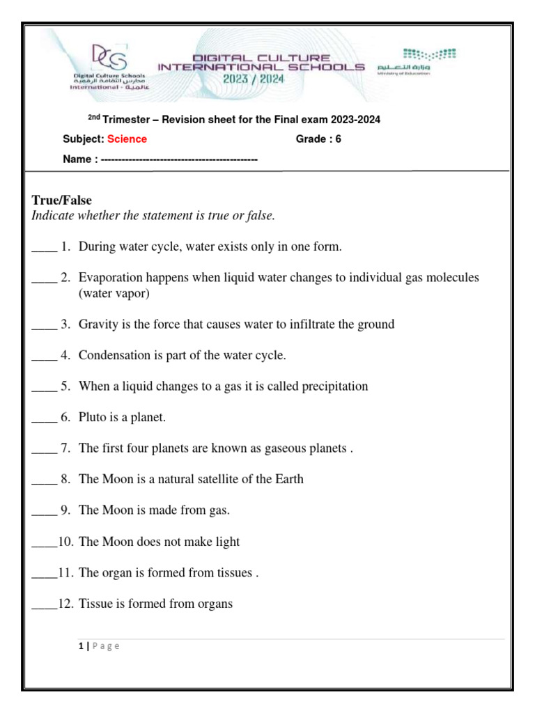 Fianl Revision Sheet (Science GR6) | PDF | Planets | Solar System