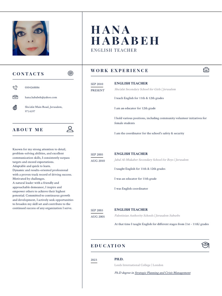 Hana Hababeh: Contacts Work Experience | PDF | Academic Degree | Teachers