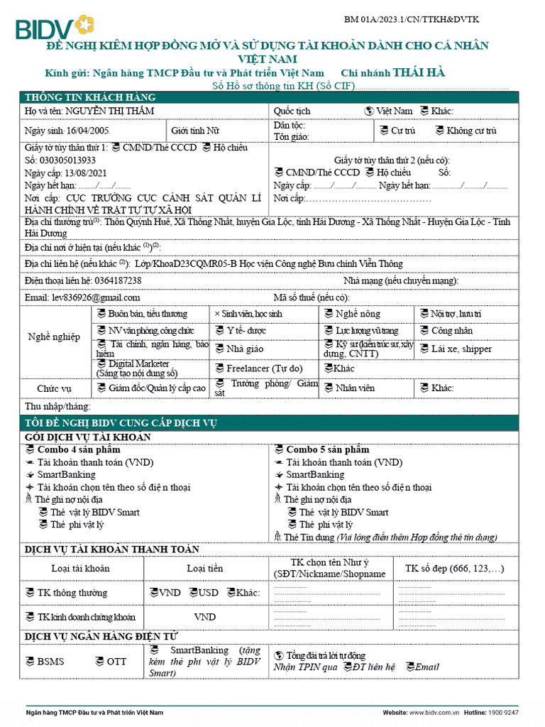 Phieu Dang Ky BIDV | PDF