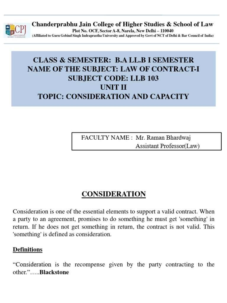Unit 2 - Law of Contract - LLB 103 - BALLB I Sem | PDF | Consideration ...