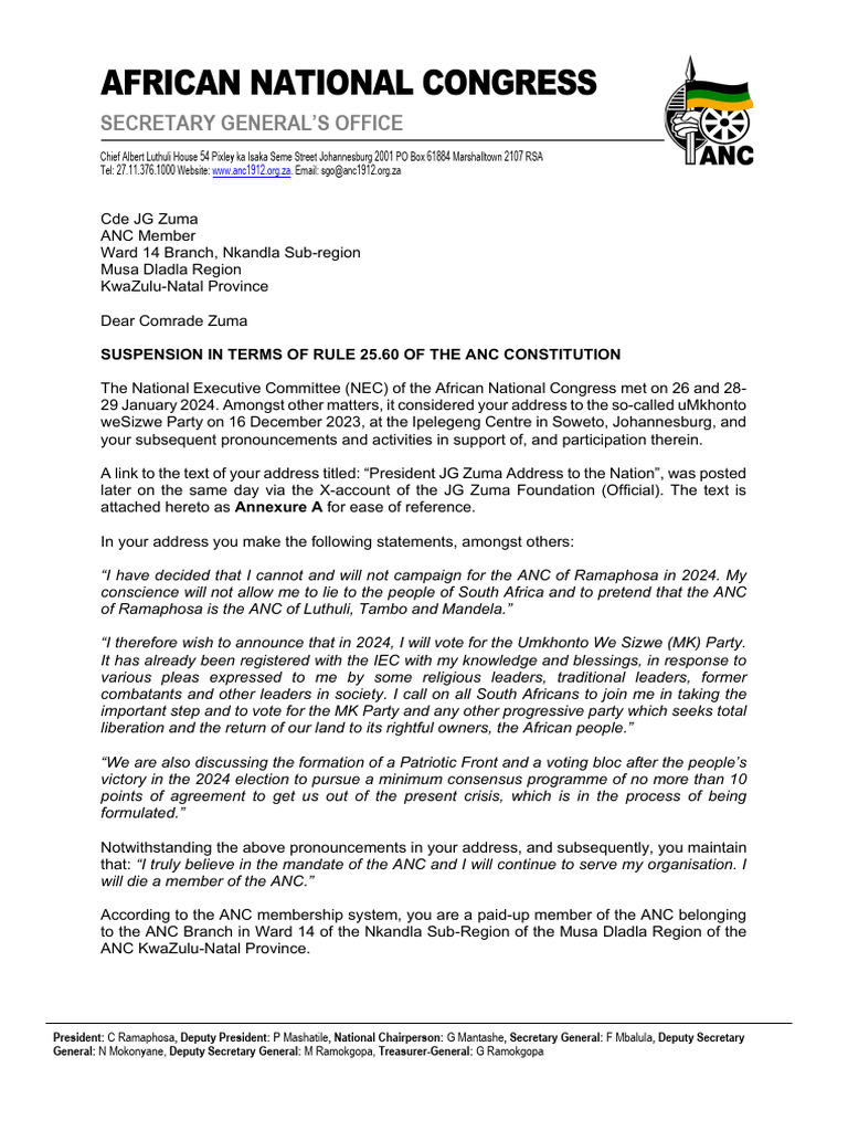 Letter - SG - JG Zuma - Suspension in Terms of Rule 25.60 - 29 January ...