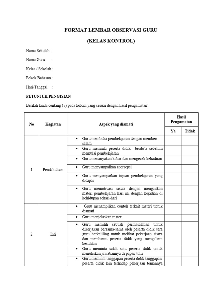 Format Lembar Observasi Guru Kelas Kontrol | PDF