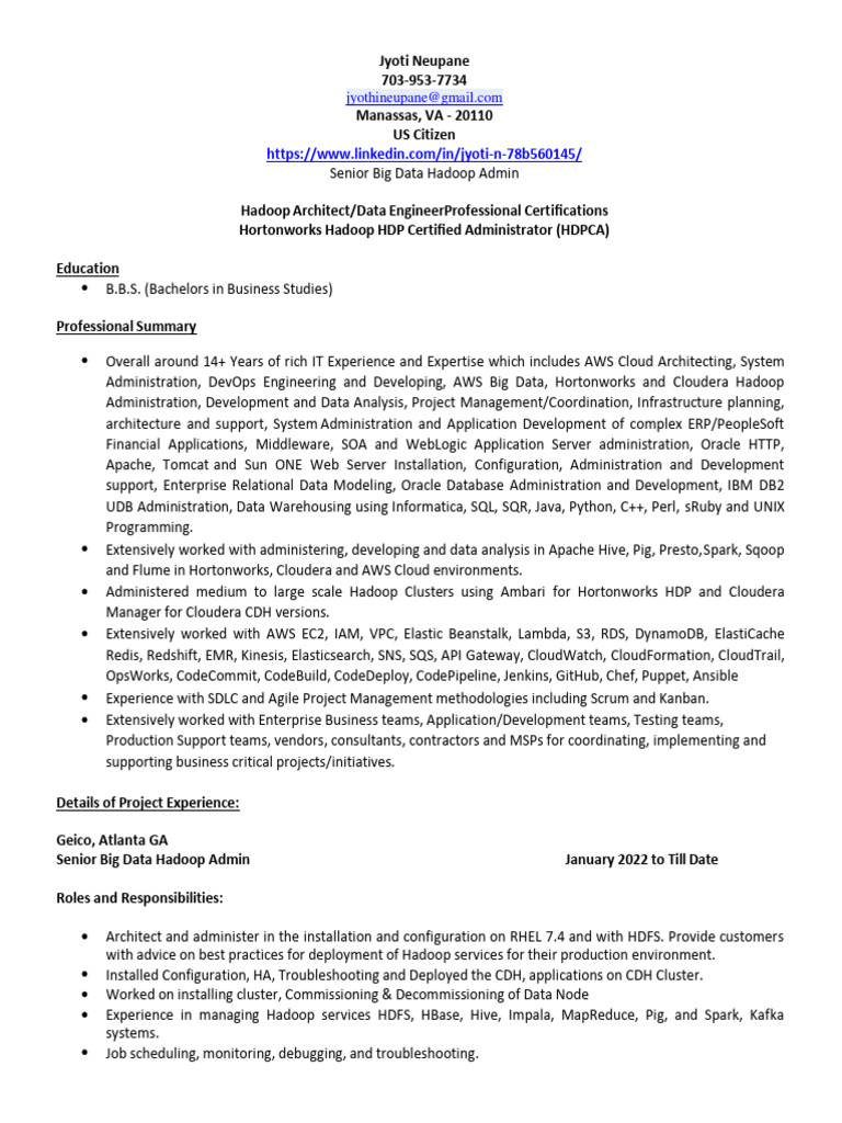 Jyoti Resume | PDF | Apache Hadoop | Databases