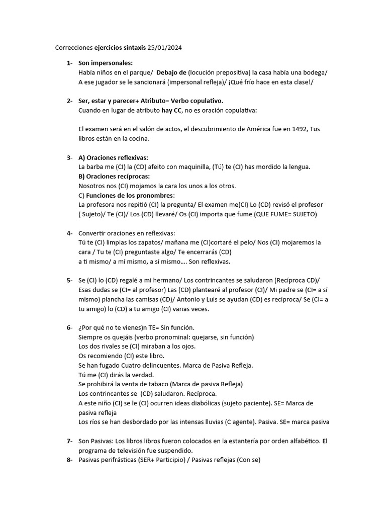 Correcciones Ejercicios Sintaxis 25-01 | PDF | Asunto (gramática) | Ciencia cognitiva