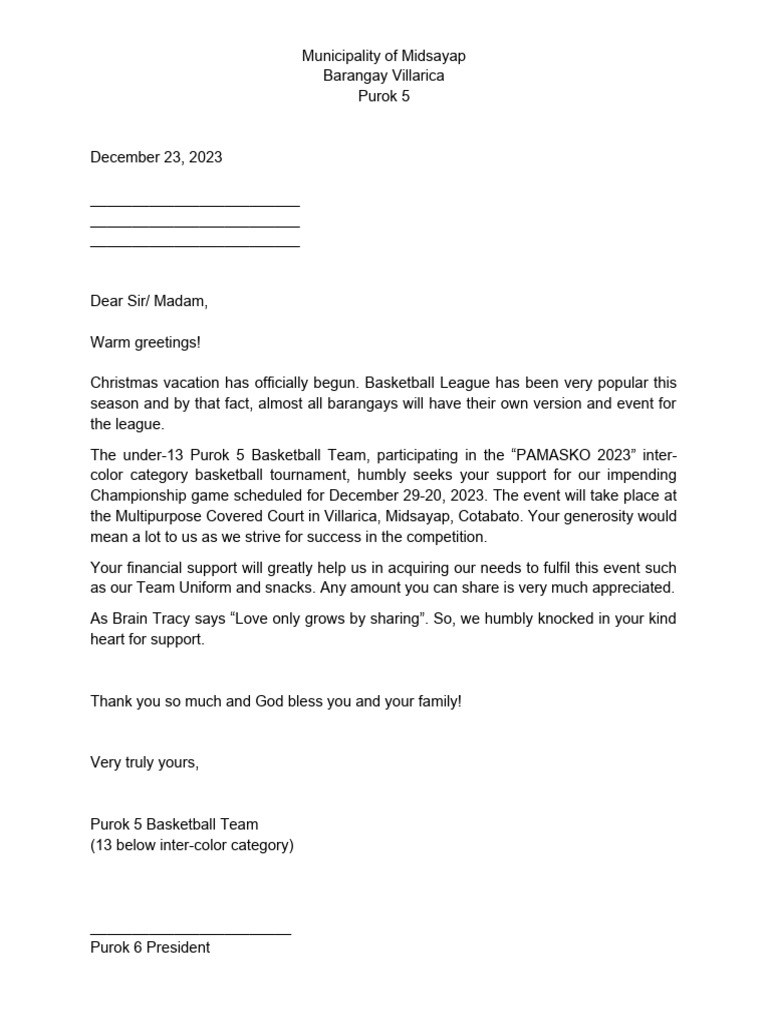 Solicitation for Basketball Team Support | PDF