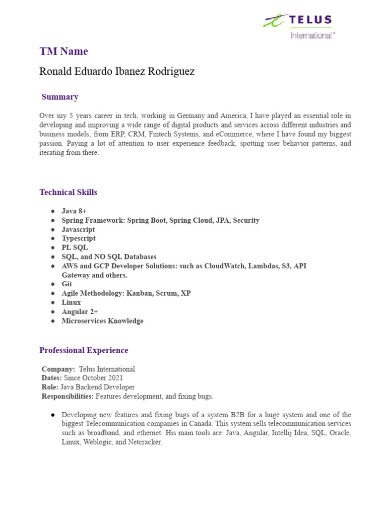 Ronald Ibanez - CV Telus - Template | PDF | Cloud Computing | Spring Framework