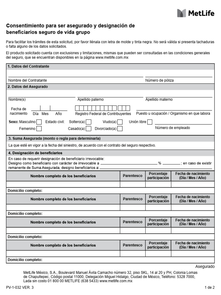 Formato SV MetLife | Descargar gratis PDF | Póliza de seguros | Seguro