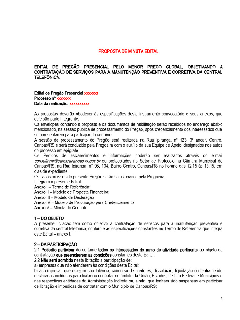 Minuta Edital Manutenção Preventiva e Corretiva Da Central Telefônica ...