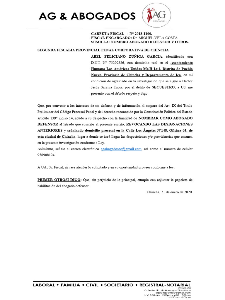Apersonamiento Investigacion Fiscal - Abel Zuñiga Garcia 2018-1100 | PDF | Derecho