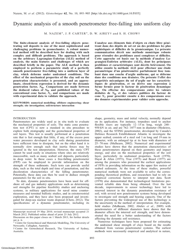 Nazem Et Al 2015 Dynamic Analysis of A Smooth Penetrometer Free Falling Into Uniform Clay | PDF ...