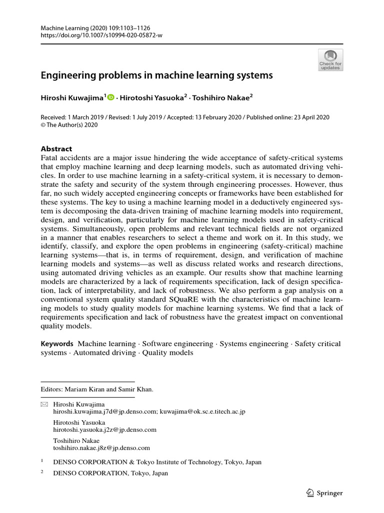 Engineering Problems in Machine Learning Systems: Hiroshi Kuwajima Hirotoshi Yasuoka Toshihiro ...