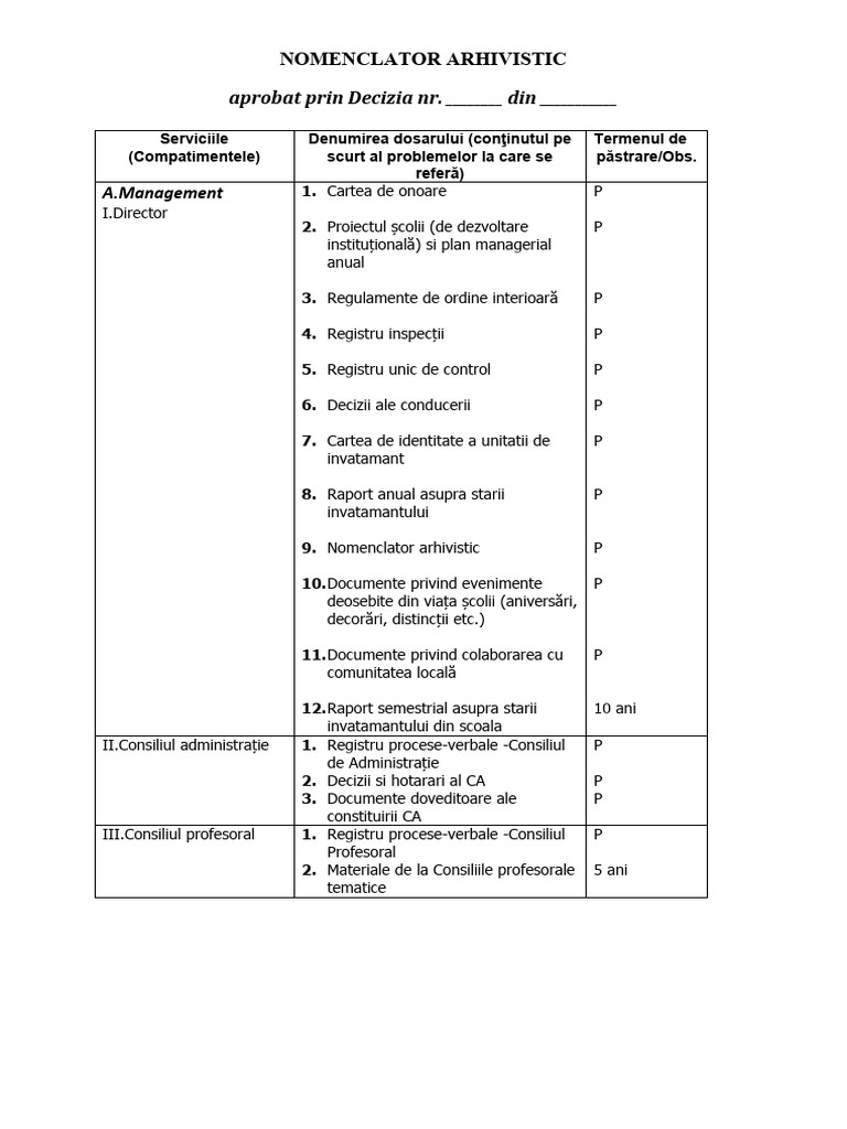 Nomenclator Arhivistic Scoala | PDF
