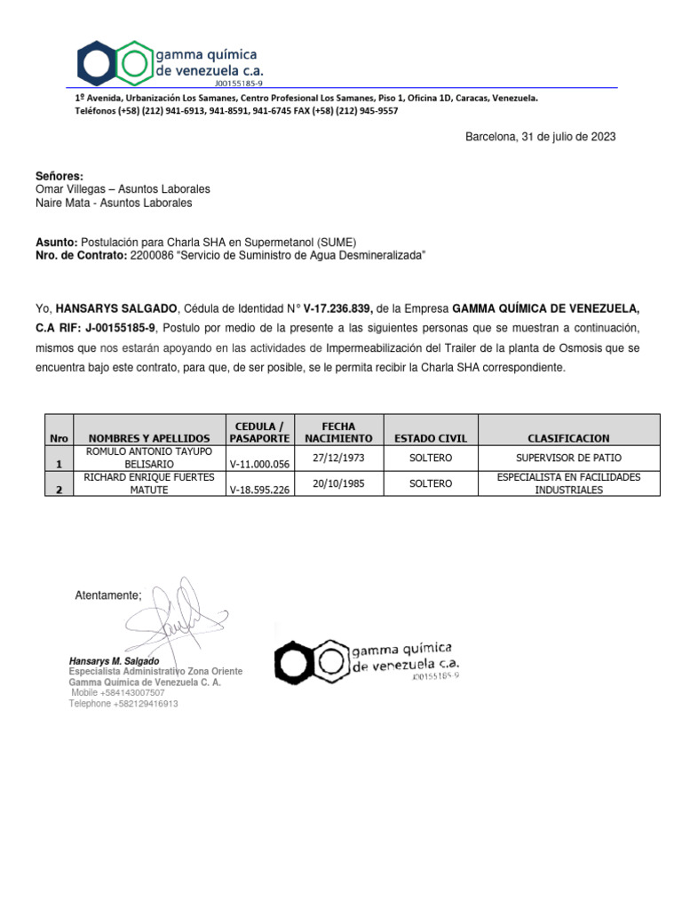 Postulación Charla SHA Supermetanol | PDF