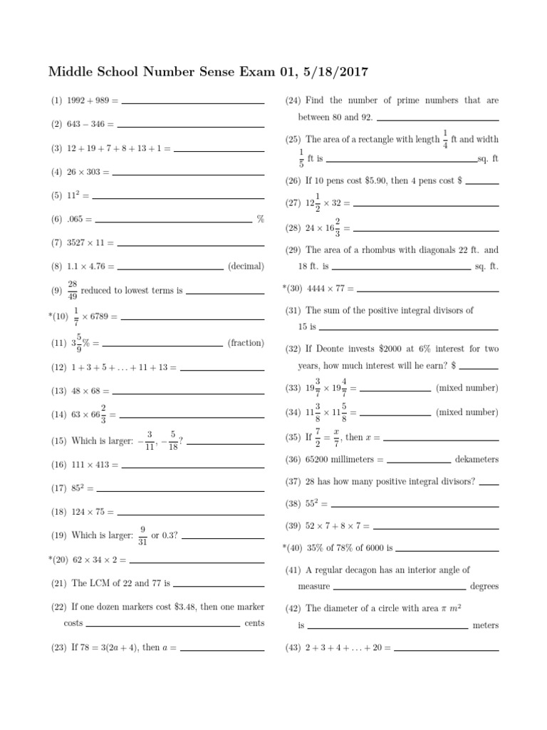 Middle School Number Sense Exam 01, 5/18/2017 | Download Free PDF ...