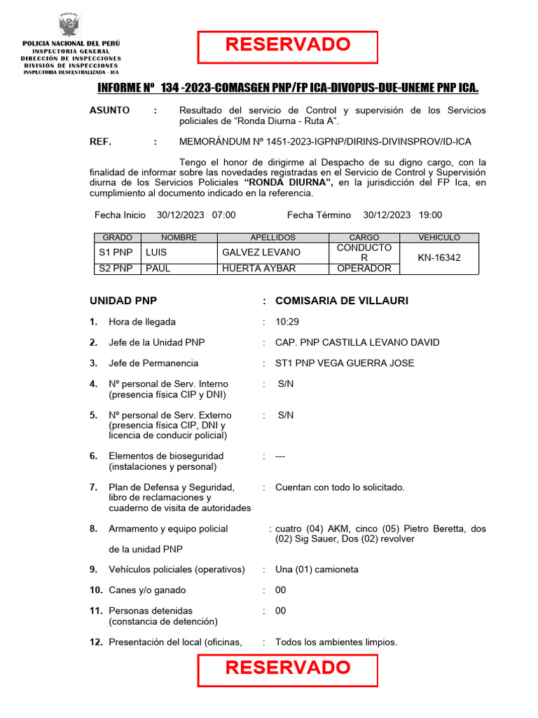 Informe Ronda Diurna Ruta A | PDF