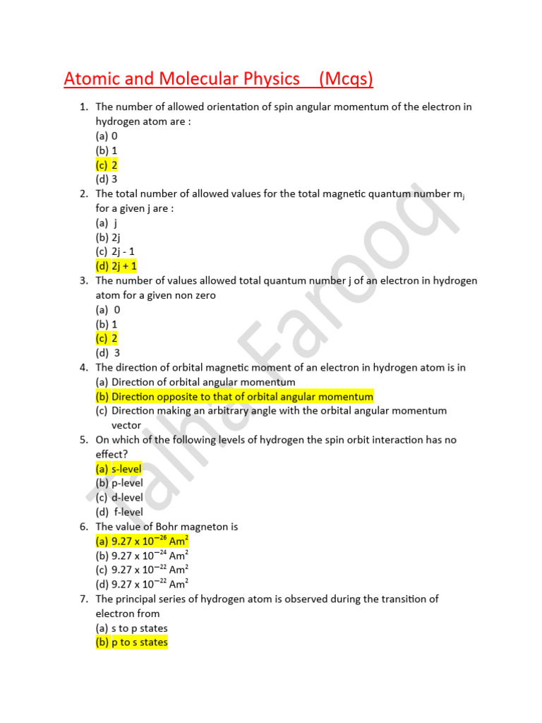 Atomic and Molecular Physics Mcqs | PDF | Atomic Orbital | Electron
