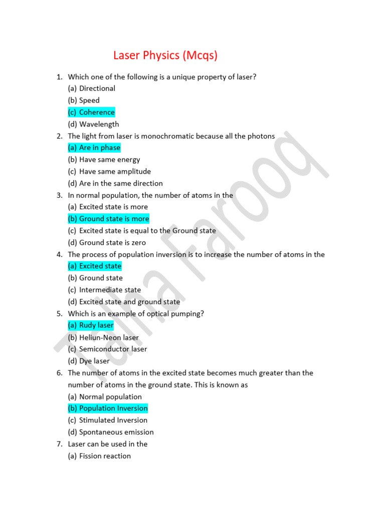 Laser Physics Mcqs | PDF | Laser | Physical Chemistry