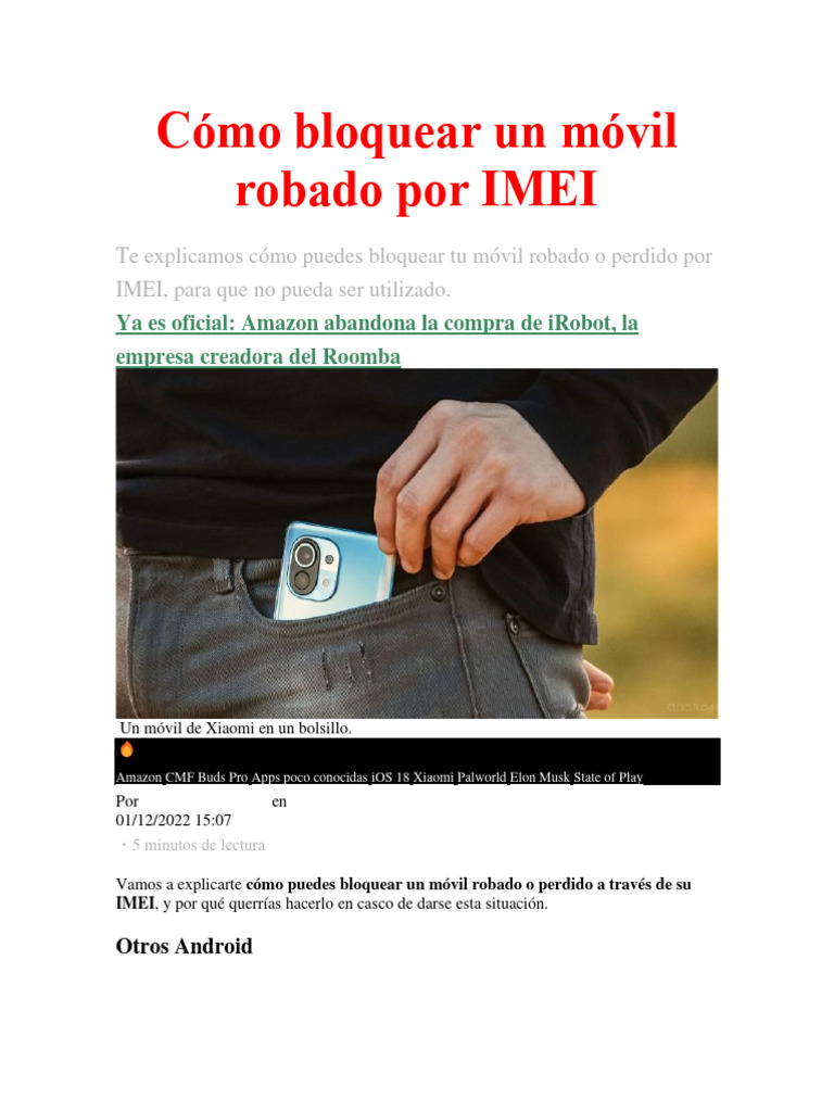Cómo Bloquear Un Móvil Robado Por IMEI | PDF | Yo telefono | Teléfonos móviles