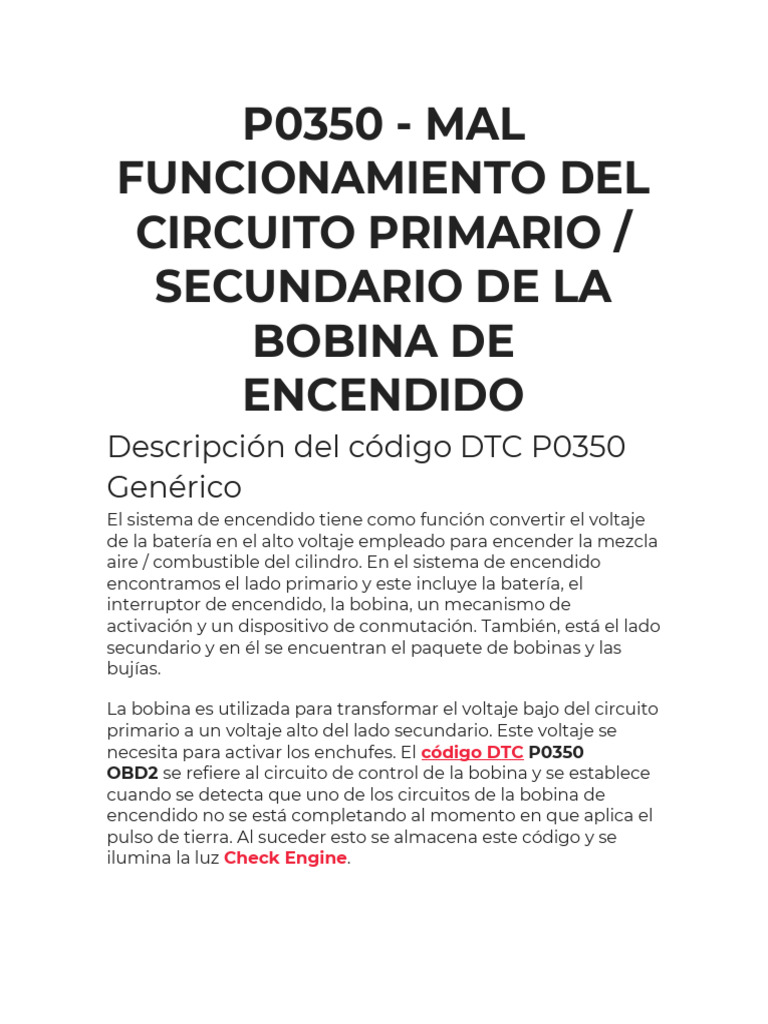 P0350 - MAL Funcionamiento Del Circuito Primario / Secundario de La ...