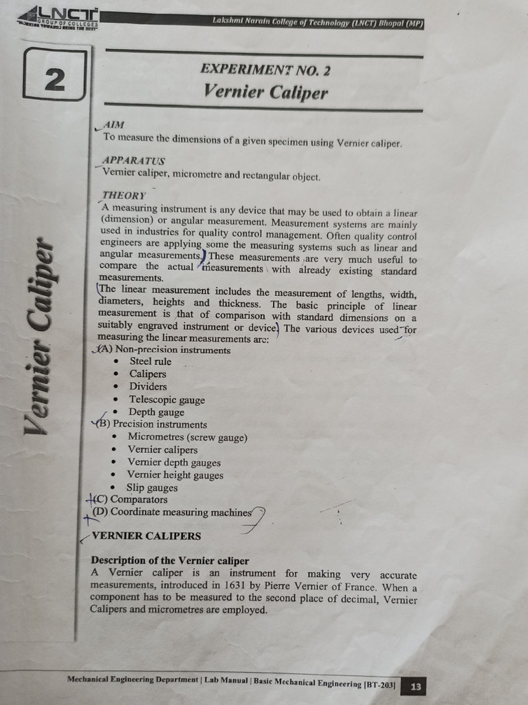 Vernier Caliper Experiment No 4 Pdf Physical Sciences Tools