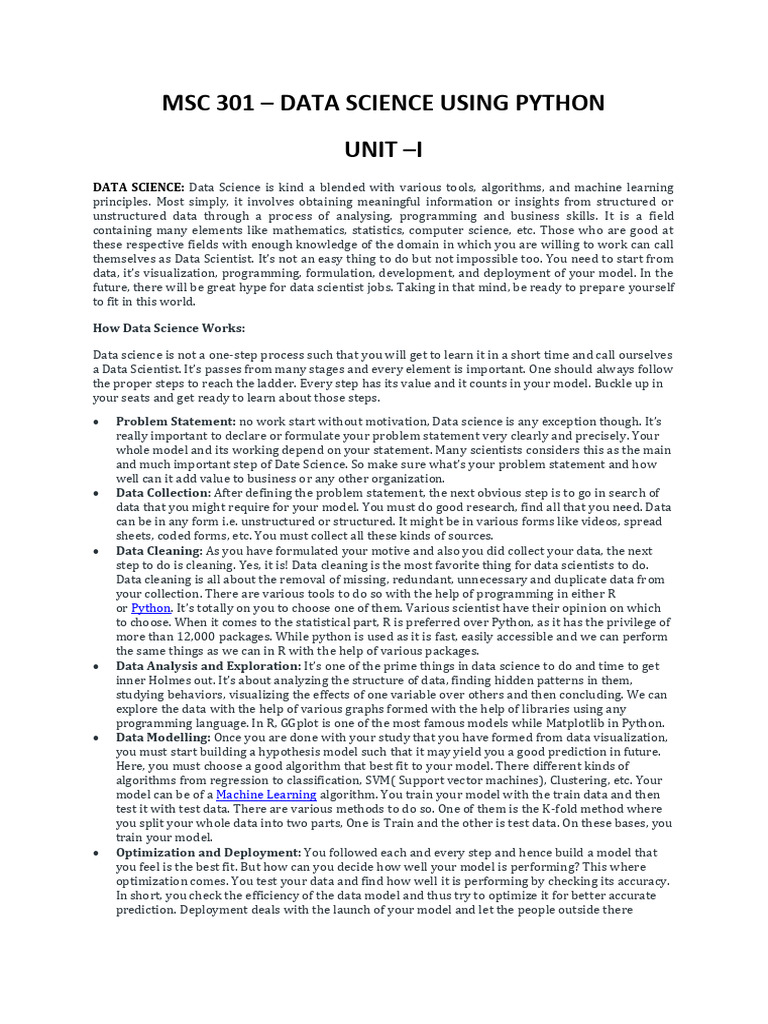 Data Science With Python (MSC 3rd Sem) Unit 1 | Download Free PDF ...