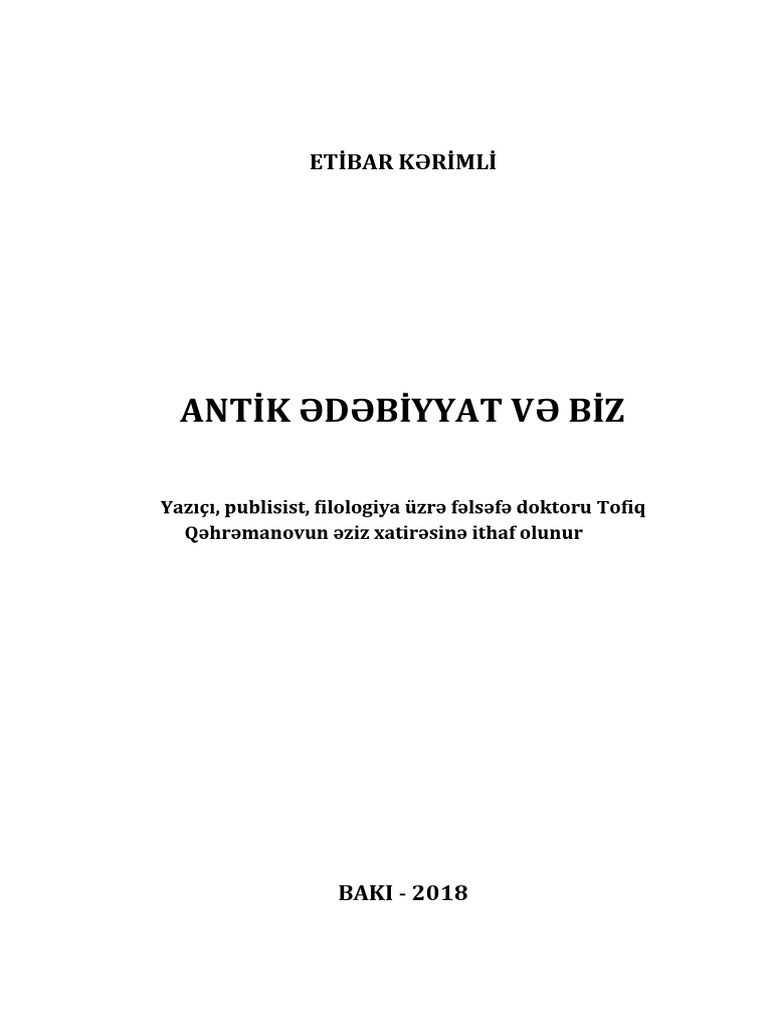 Antik Ədəbiyyat VƏ Biz: Etibar Kərimli | PDF