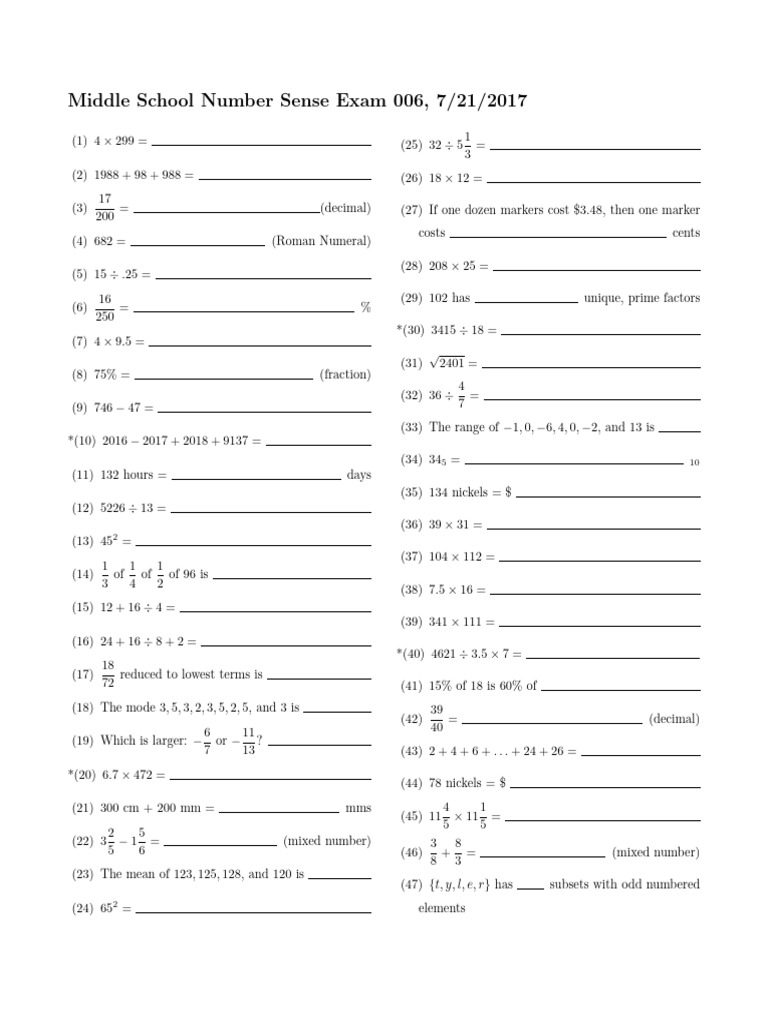 Middle School Number Sense Exam 006, 7/21/2017 | PDF | Numbers | Arithmetic