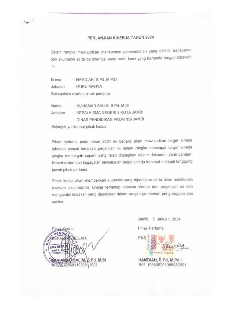 Perjanjian Kinerja Tahun 2024 HD | PDF