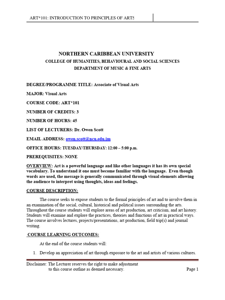 101 Introduction To Principles of Art Course Outline Fall 2017 | PDF ...