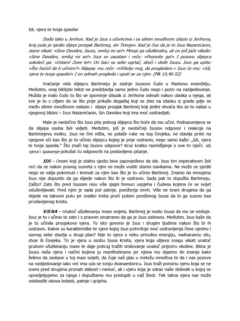Idi, Vjera Te Tvoja Spasila - Jerihonski Slijepac | PDF