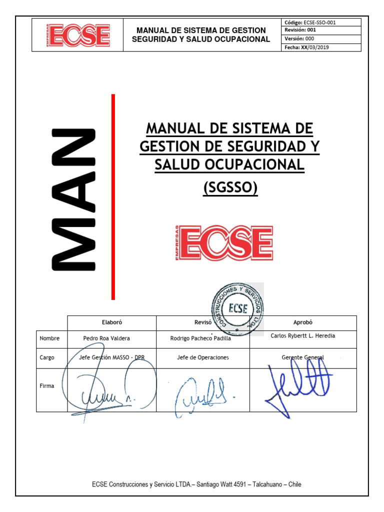 ECSE-MGS-001 Manual de Sistema de Gestion de SSO Rev.1proa | PDF | Seguridad y salud ocupacional ...