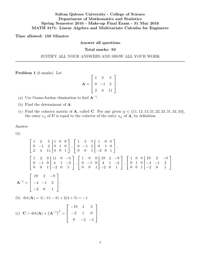 Math 3171-Spring2016-Final-Exam-Make-Up-Solution | PDF | Eigenvalues And Eigenvectors | Algebra