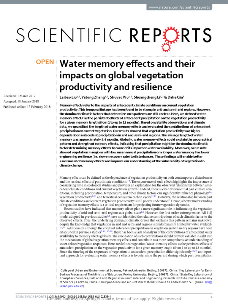 Water Memory Effects and Their Impacts On Global V | PDF | Vegetation ...