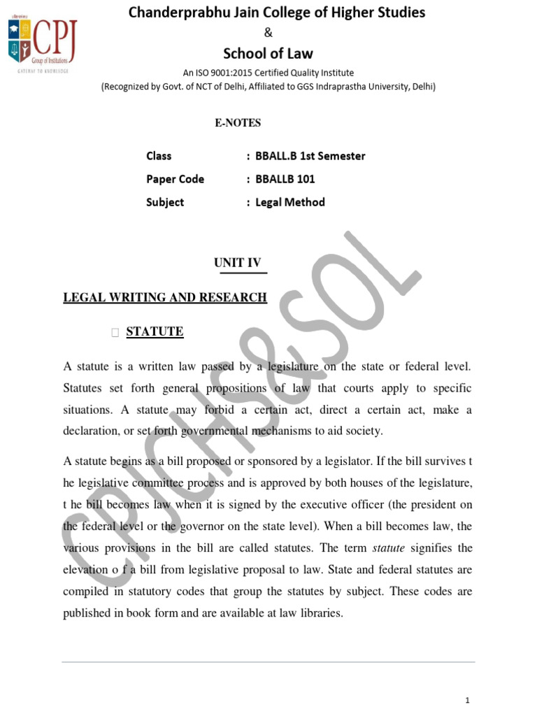 E-Notes Unit 4 - Legal Method | PDF | Citation | Bill (Law)