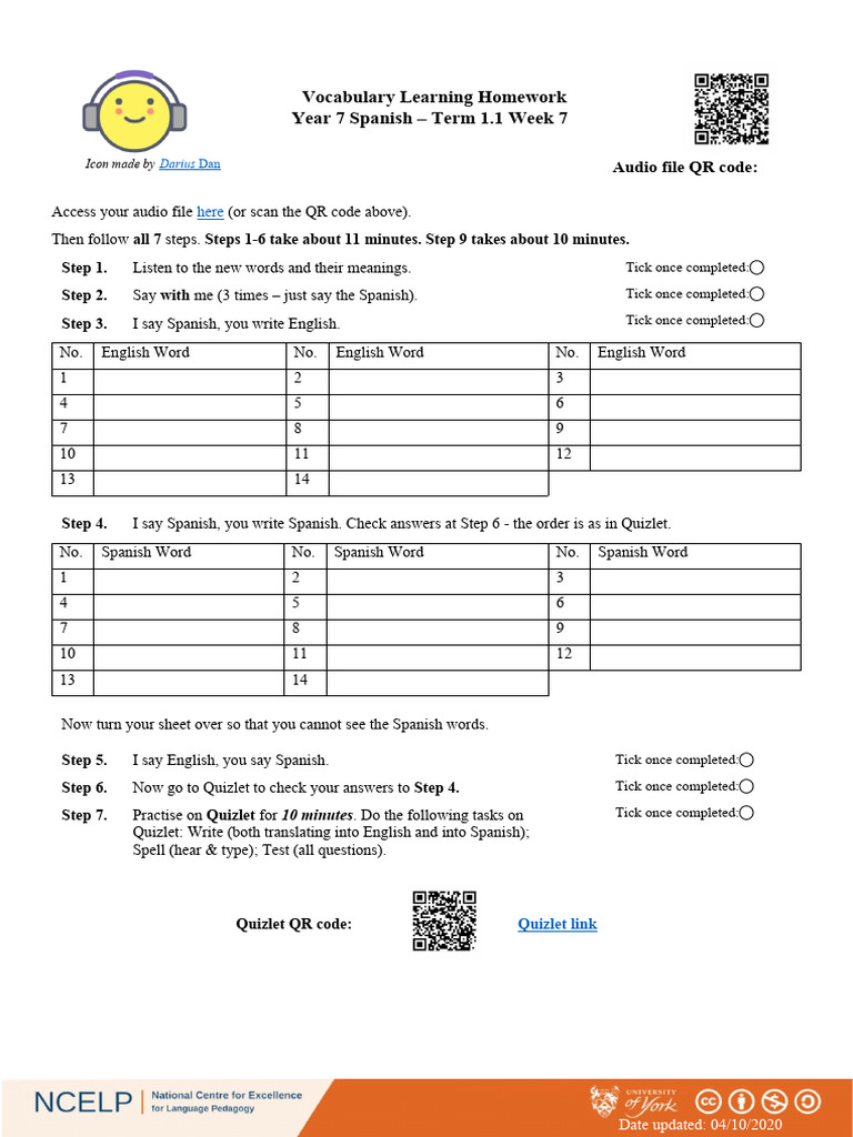 Spanish Y7 Term 1.1 Week 7 Vocab Learning Homework | PDF | Vocabulary ...