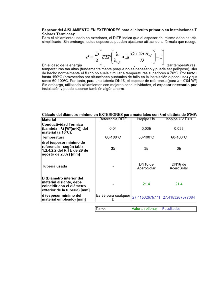 FichaTecnica Espesor Aislamiento RITE | PDF