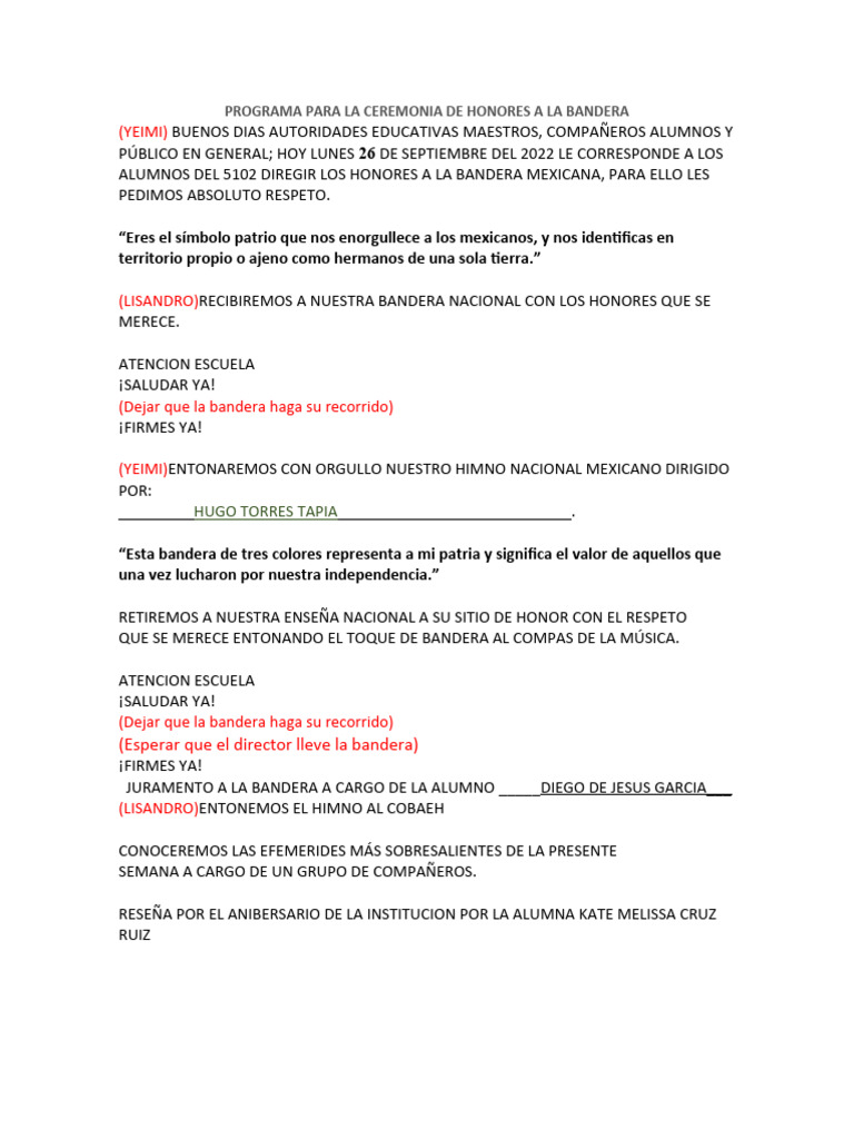Programa para La Ceremonia de Honores A La Bandera | PDF | México