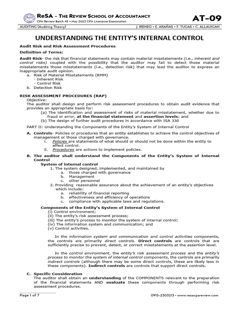 09 Understanding The Entity's Internal Control | PDF | Internal Control | Audit