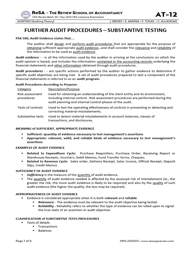 12 Further Audit Procedures - Substantive Testing | PDF | Audit ...