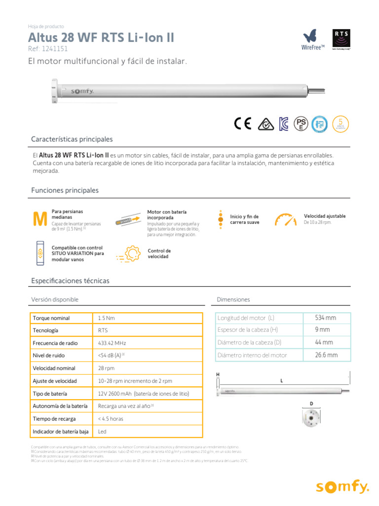Ficha Técnica ALTUS 28 - SOMFY (Motor Batería Recargable) | PDF ...